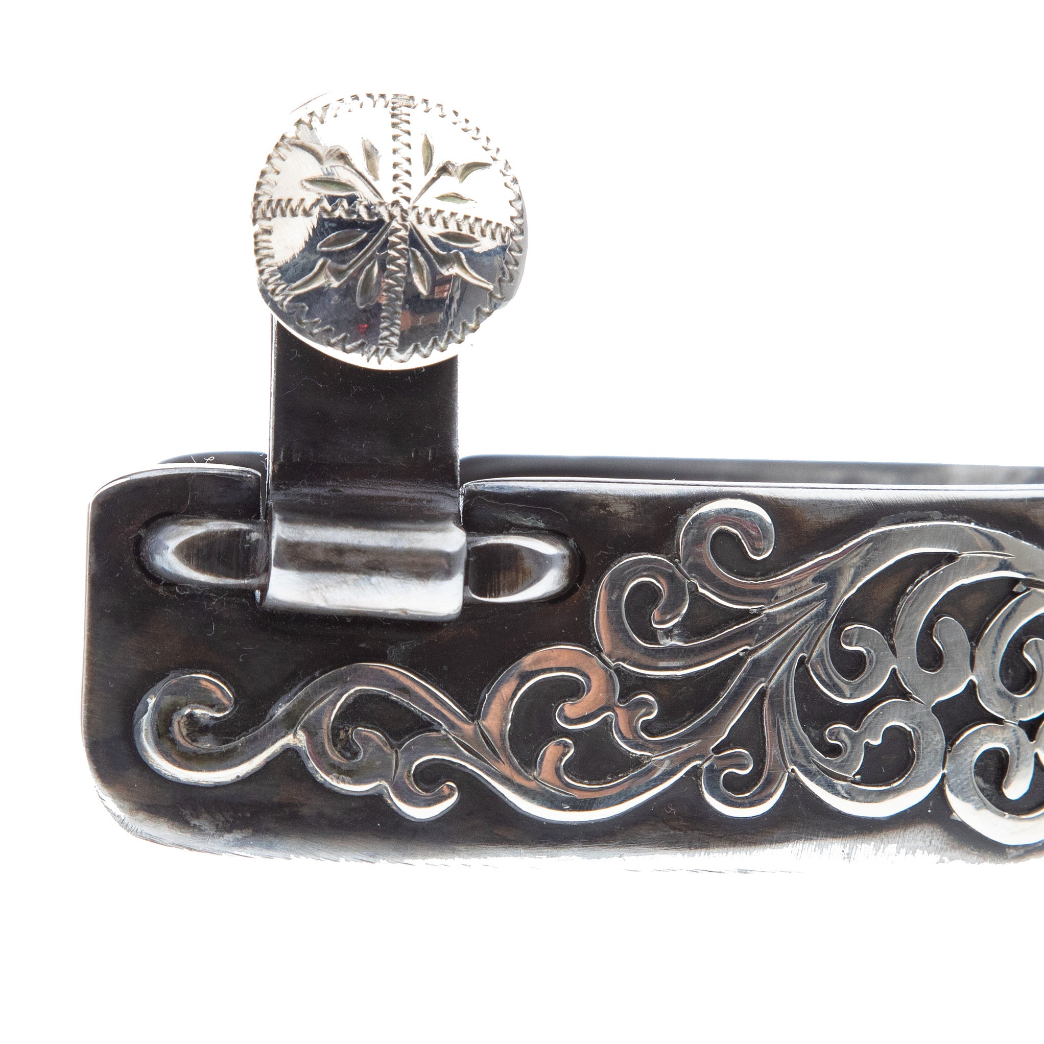 Mike Emberson Silver Engraved Floral Scroll Cowboy Spurs With Chap Gua