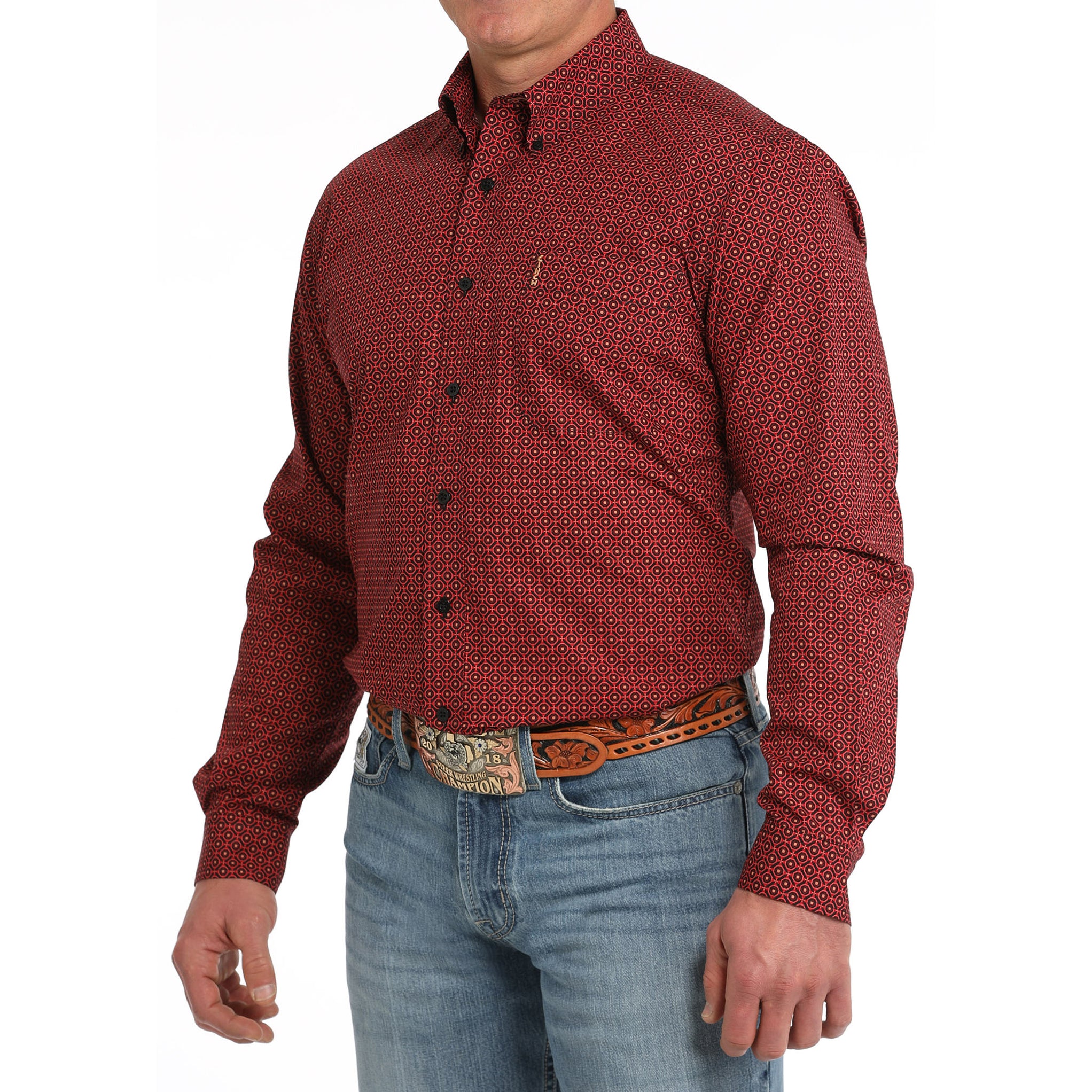 Cinch Men's Red Print Modern Fit Button Down Shirt