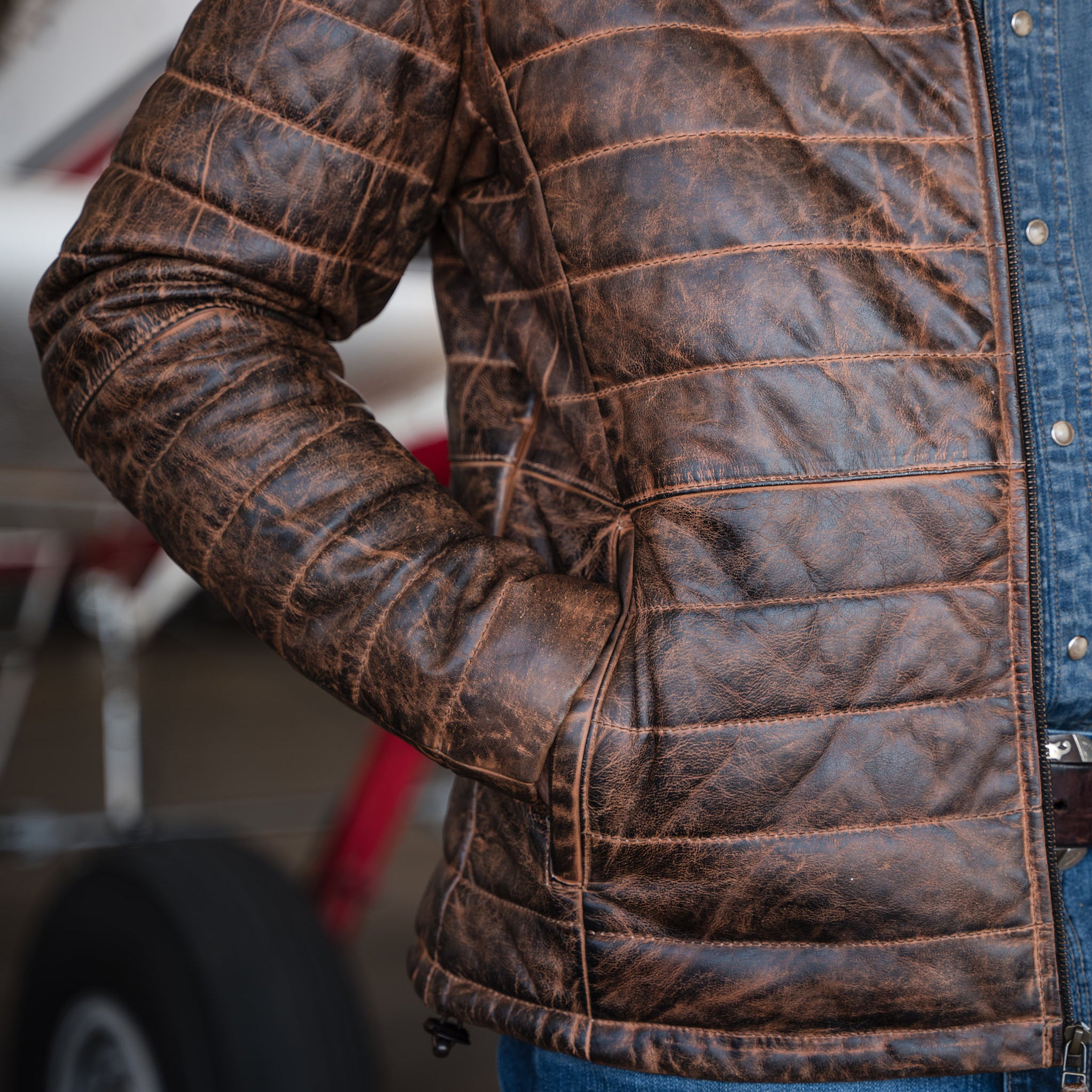 STS Ranchwear Men's Leather Clyde Tobacco Puffer Jacket