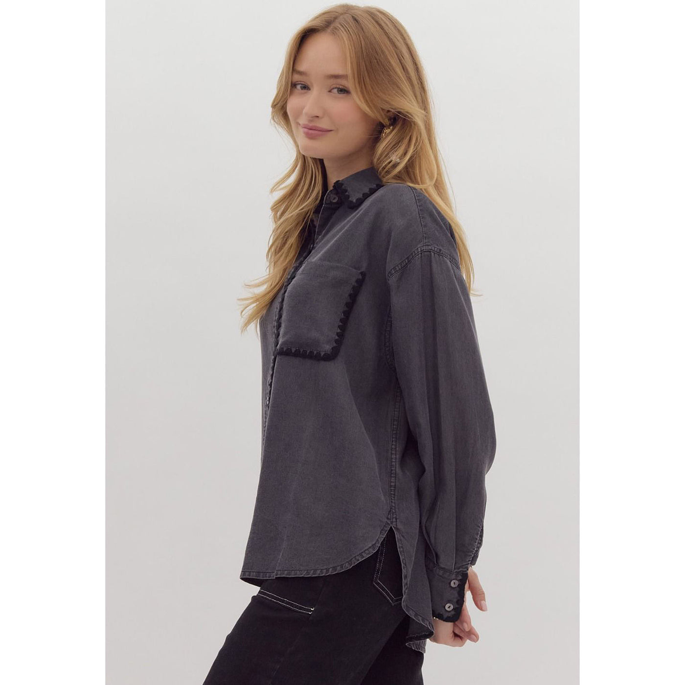 Entro Women's Denim Black Button Shirt