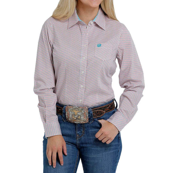 Women's Cinch Red, Teal, and Peach Print Shirt