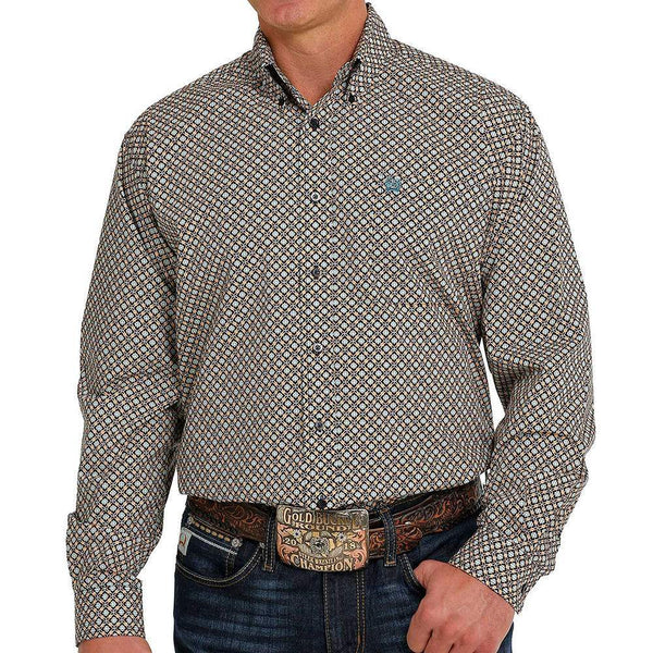 Men's Cinch Tan and Blue Print Button-Down