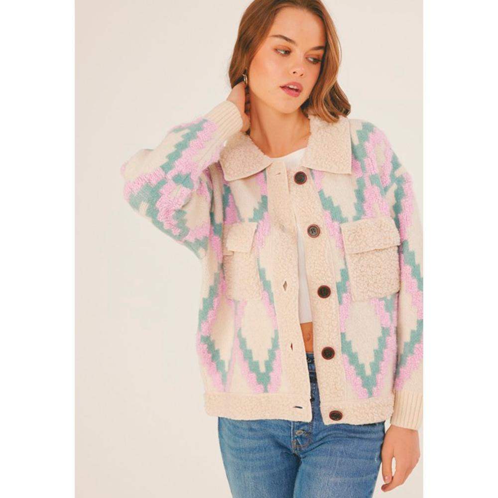 Lush Clothing Women's Lightweight Jacquard Fur Lined Sweater Jacket